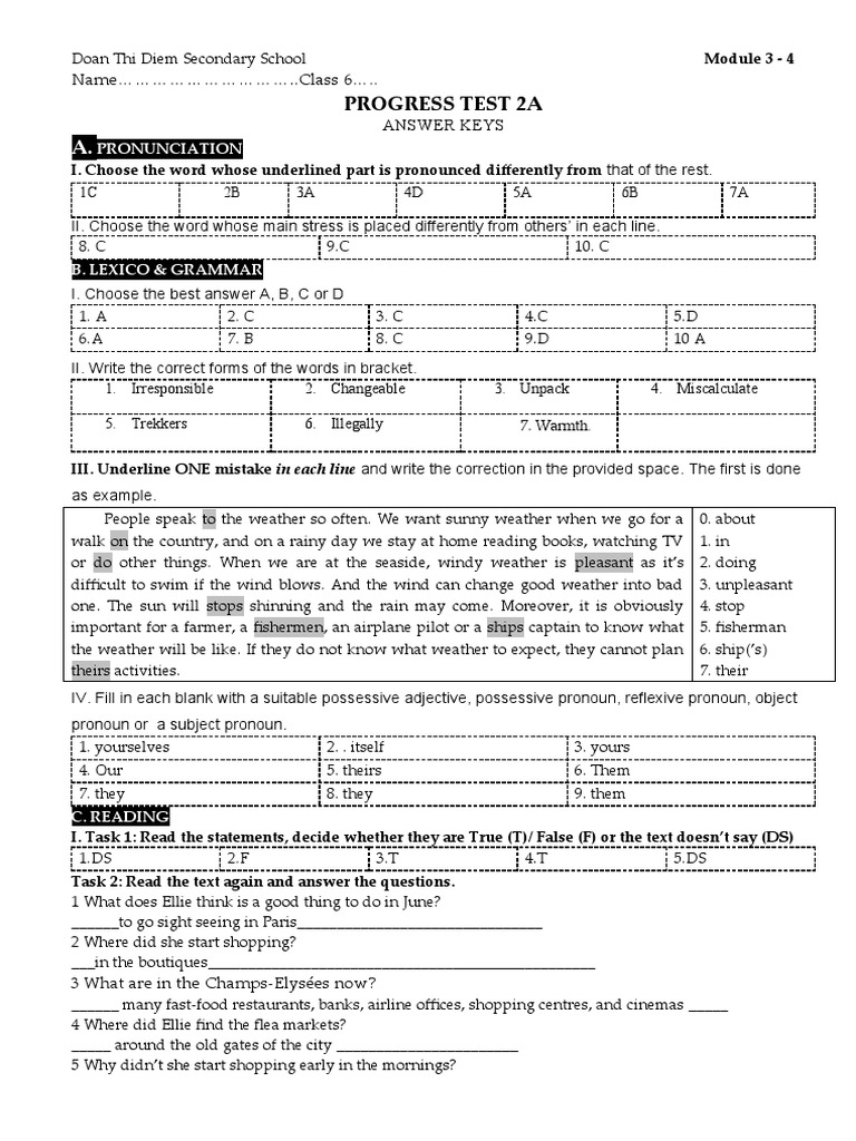 Grade 6 - Progress Test 2A - ANSWER Key A | PDF | Grammar | Syntax