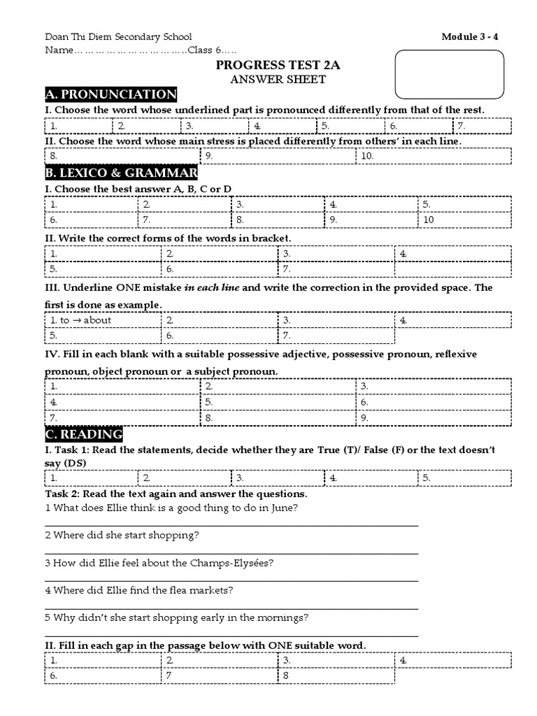 Progress Test 2A - Grade 6 - ANSWER SHEET 2A | PDF | Pronoun | Cognition