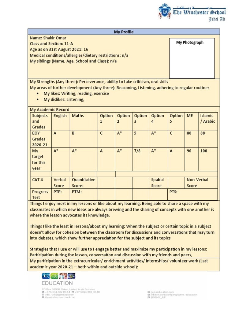 Win Student Profile Sample | PDF