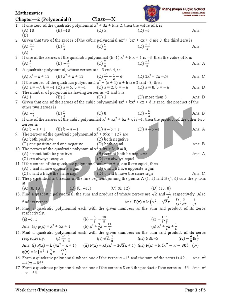 10--2--Polynomials | PDF | Polynomial | Quadratic Equation