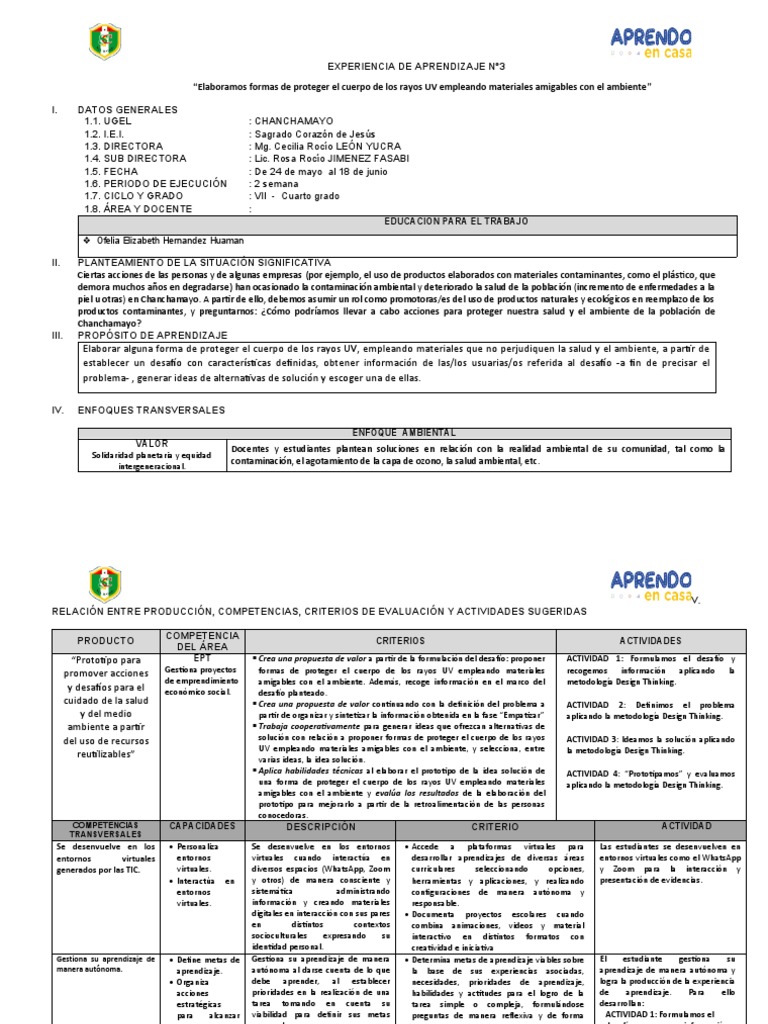 EXPERIENCIA DE APRENDIZAJE N°3 CICLO VII - 4to EPT - Ofelia Hernandez | PDF | Aprendizaje ...