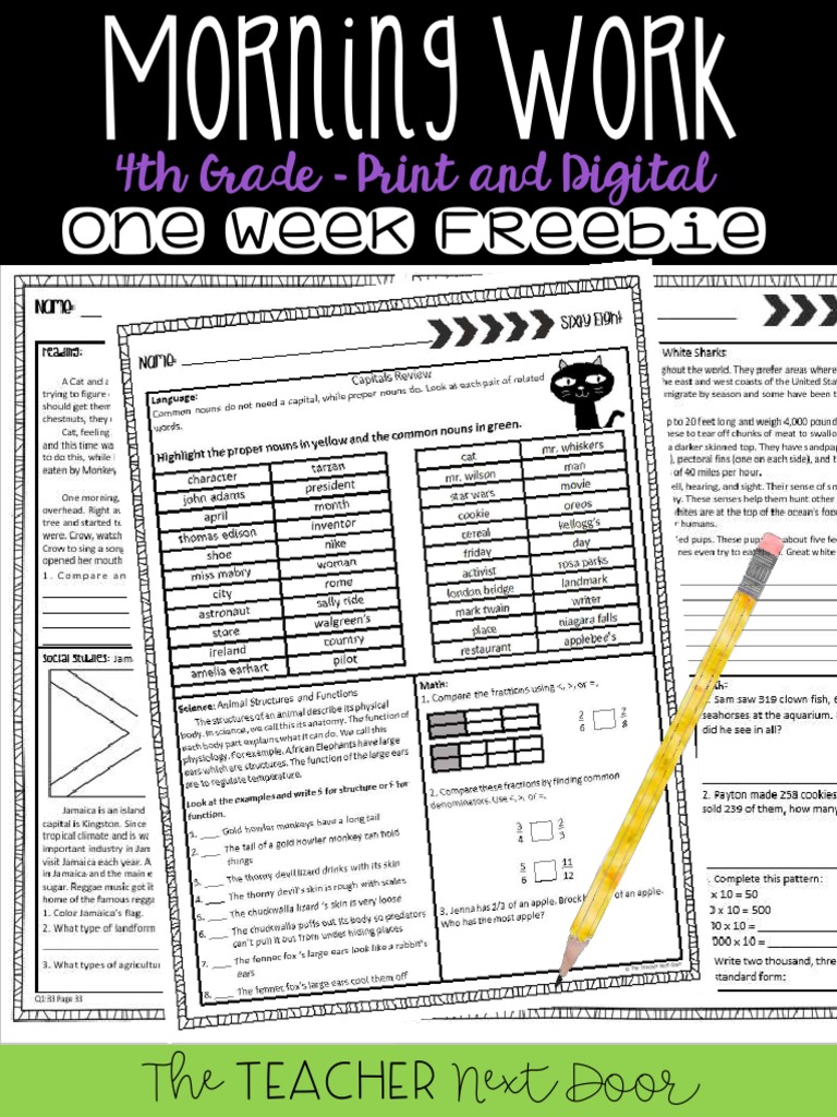 Morning Workfor 4 TH Grade Free Week Printand Digital Morning Work ...
