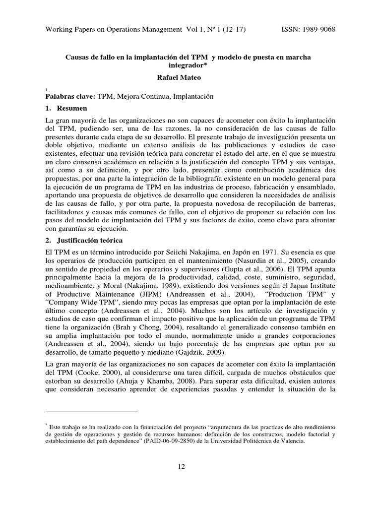 Modelo general de implantación del TPM y análisis de causas de fallo como clave para su éxito ...