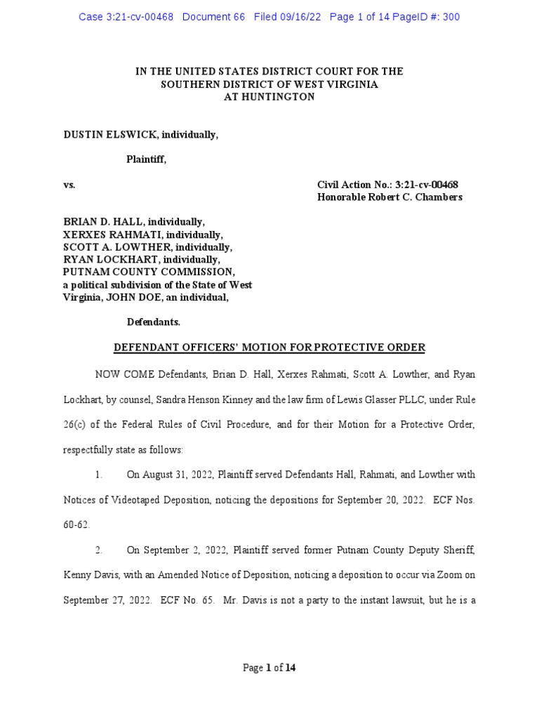 Elswick v. Hall, Et Al. Defendants's Motion For Protective Order Re ...