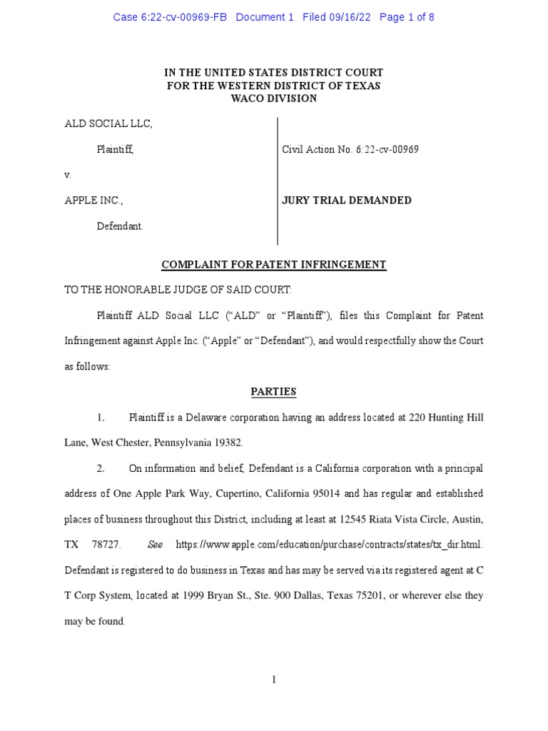 Ald Social LLC V Apple Inc Patent Infringement Case | PDF | Patent ...