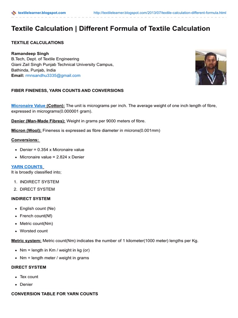 Textile Calculation Different Formula of Textile Calculation | PDF ...