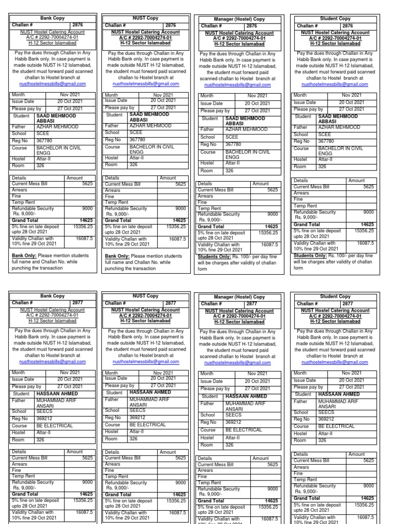 NUST Hostel Mess Bill Challans | PDF | Payments | Banks