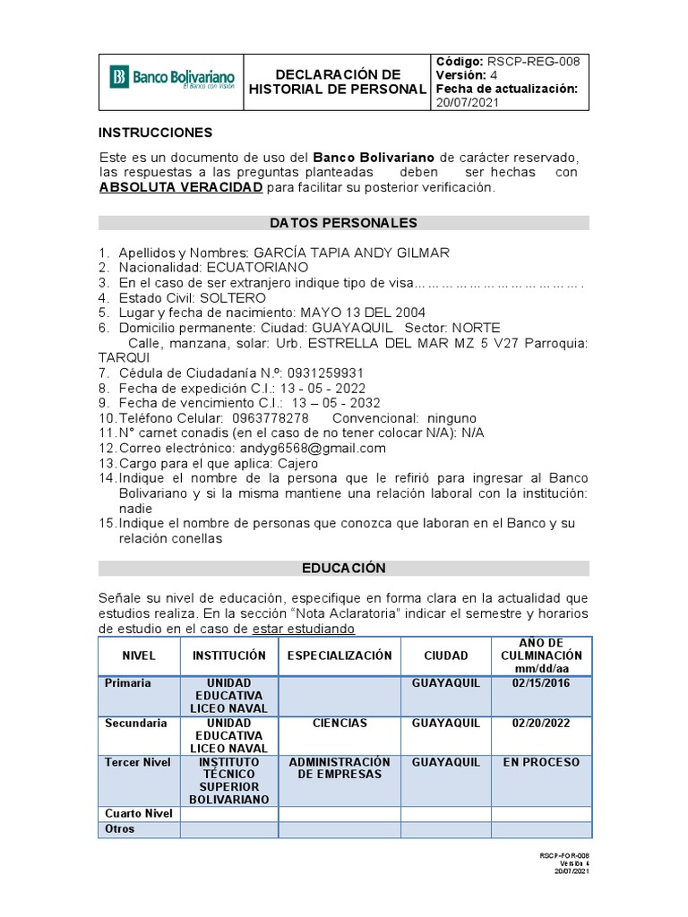 Formato Declaracion Historial Personal 2021 | PDF | Bancos