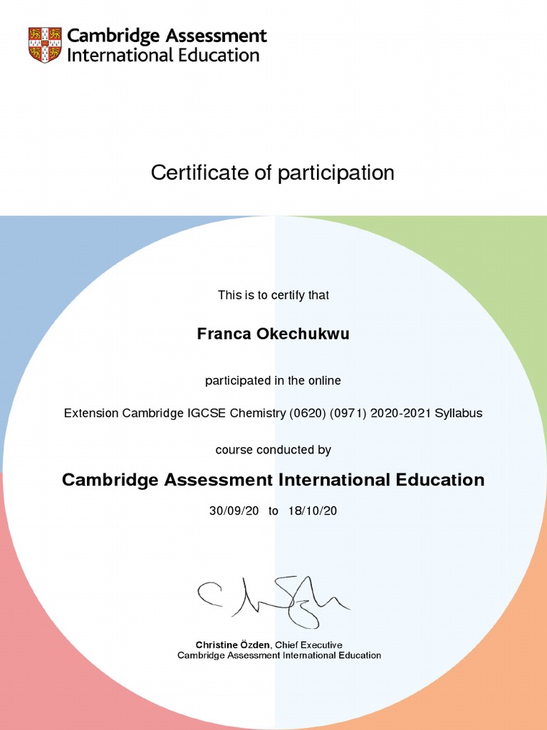 Ext - IGCSE - Chemistry - OTG - Certificate of Participation | PDF