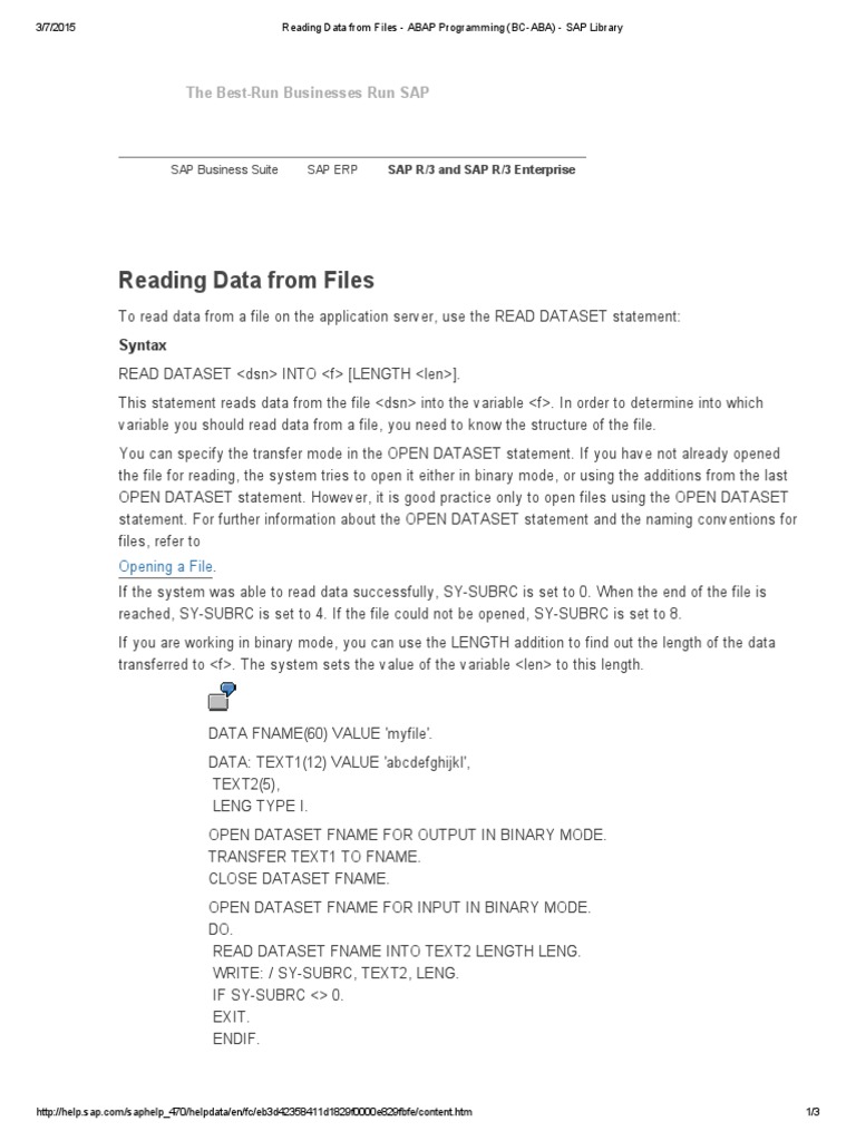 Reading Data From Files - ABAP Programming (BC-ABA) - SAP Library | PDF | Data | Information ...