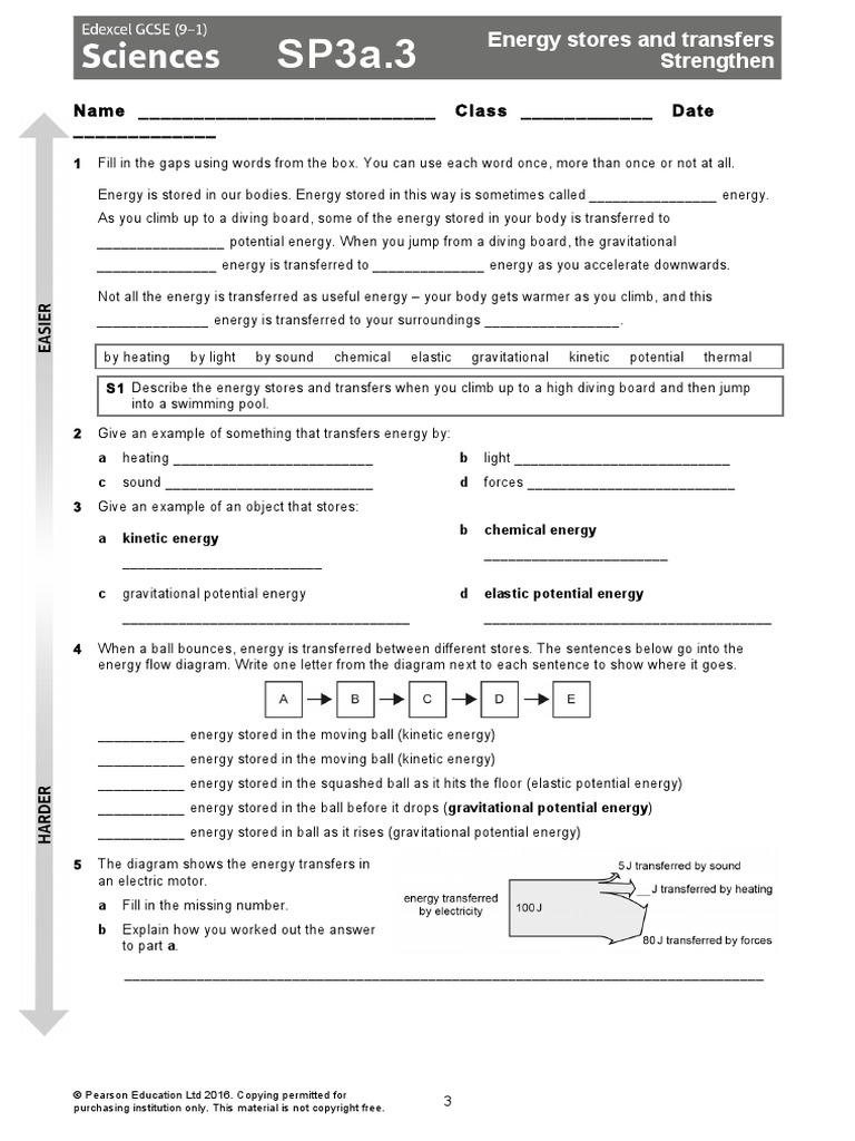Energy Stores and Transfers Worksheet | PDF | Potential Energy ...