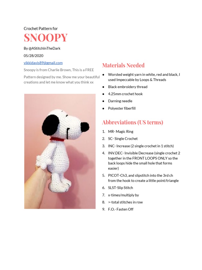 Snoopy Amigurumi Pattern | PDF | Crochet | Yarn