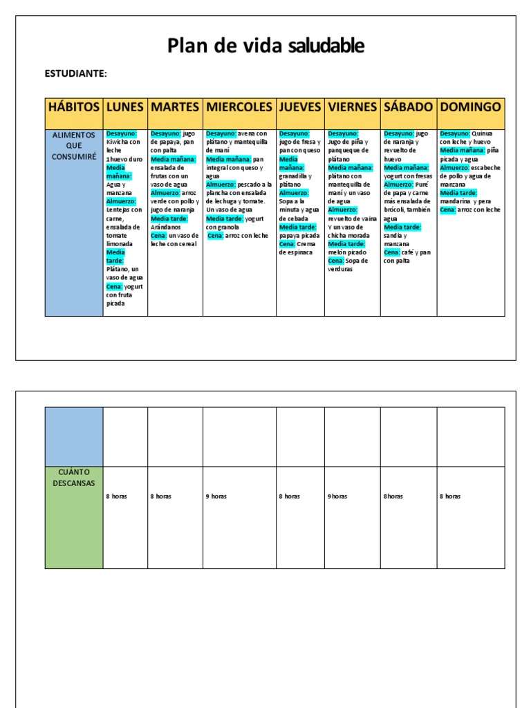 Ficha Plan de Vida Saludable | PDF | Almuerzo | Comportamientos alimenticios de los humanos