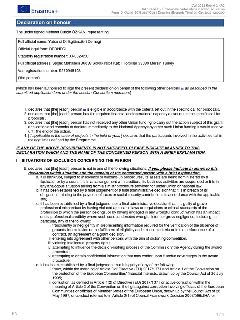 Erasmus+ Declaration of Honour | PDF | European Union | Bankruptcy