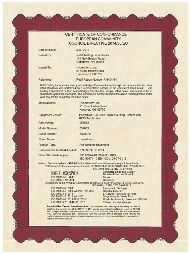 Certificate of Conformance for PowerMax 105 Plasma Cutter | PDF | Electromagnetic Compatibility ...