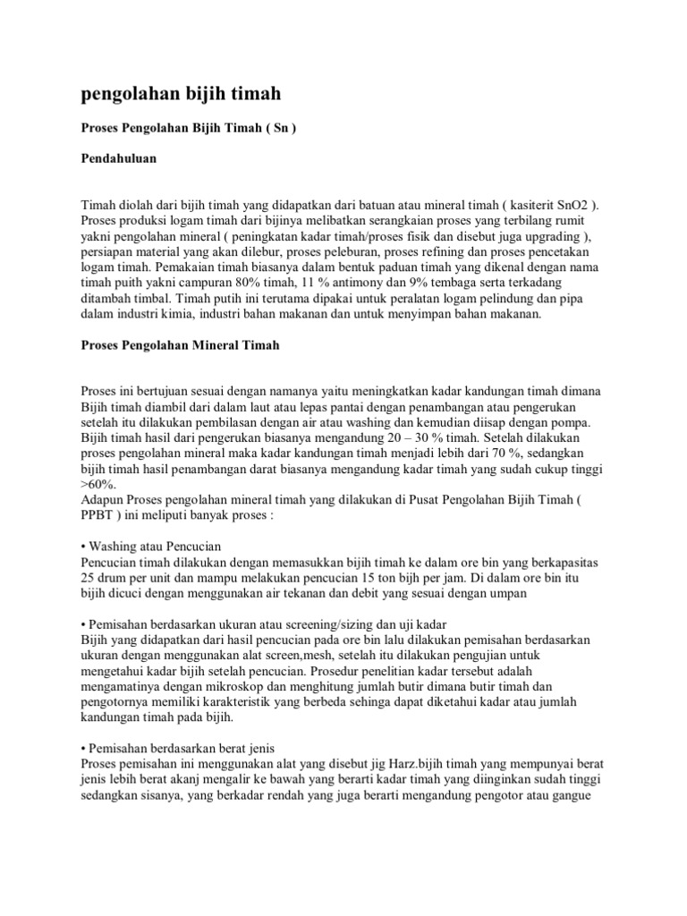 Pengolahan Bijih Timah | PDF