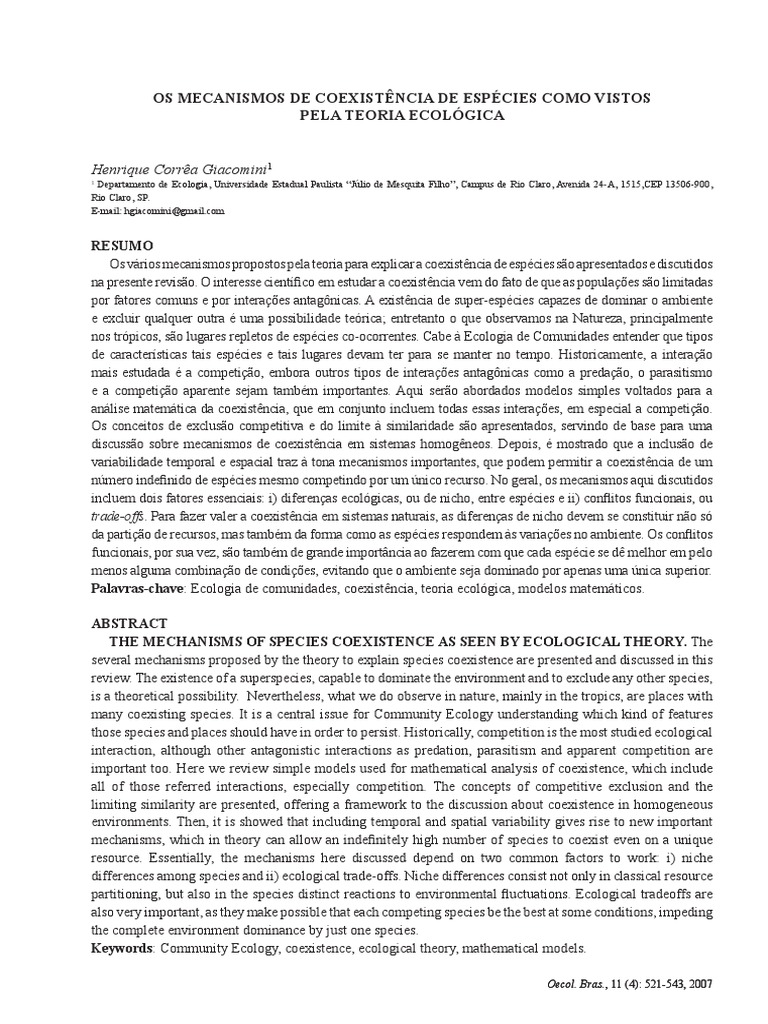 Os mecanismos de coexistência de espécies segundo a teoria ecológica ...