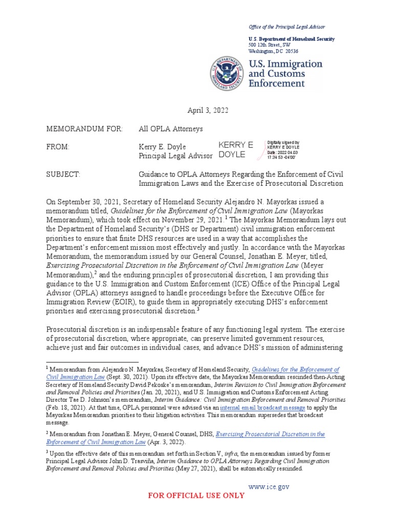 OPLA Immigration Enforcement - Guidanceapr2022 | PDF | Removal ...