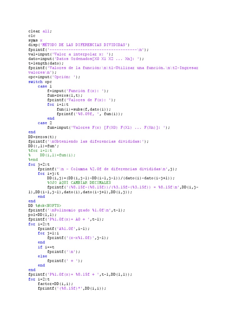 Codigo Diferencias Divididas Metodos Numericos | PDF