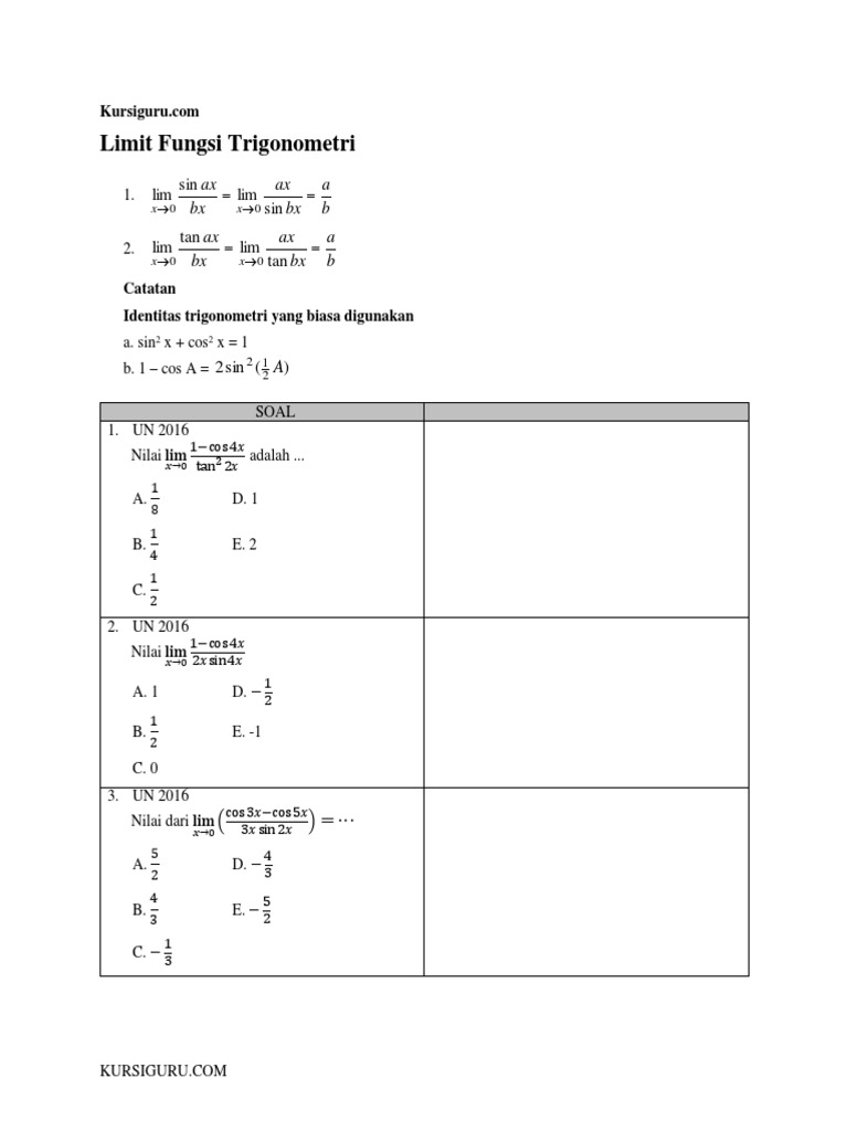 Limit Fungsi Trigonometri V2 Kursiguru | PDF | Metode & Bahan Ajar ...