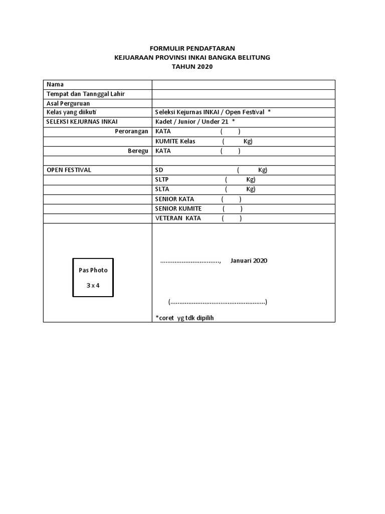 Contoh Form Pendaftran Kejurprov | PDF