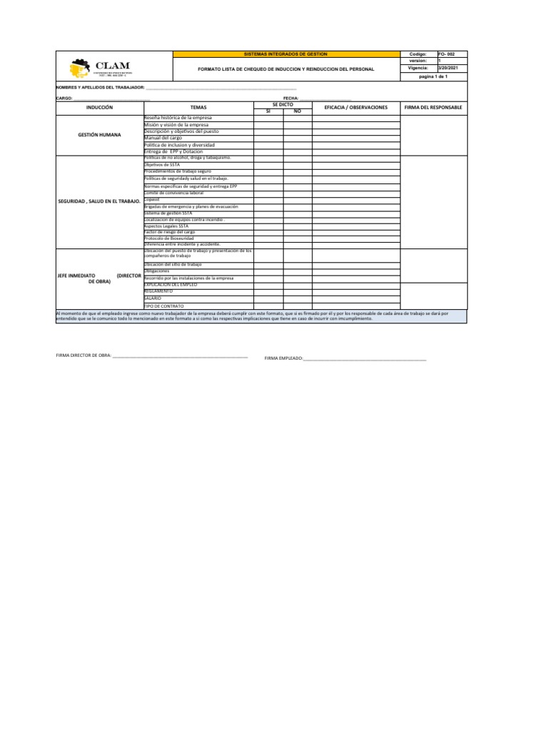 Fo-002 Formato Lista de Chequeo de Induccion y Reinduccion | PDF
