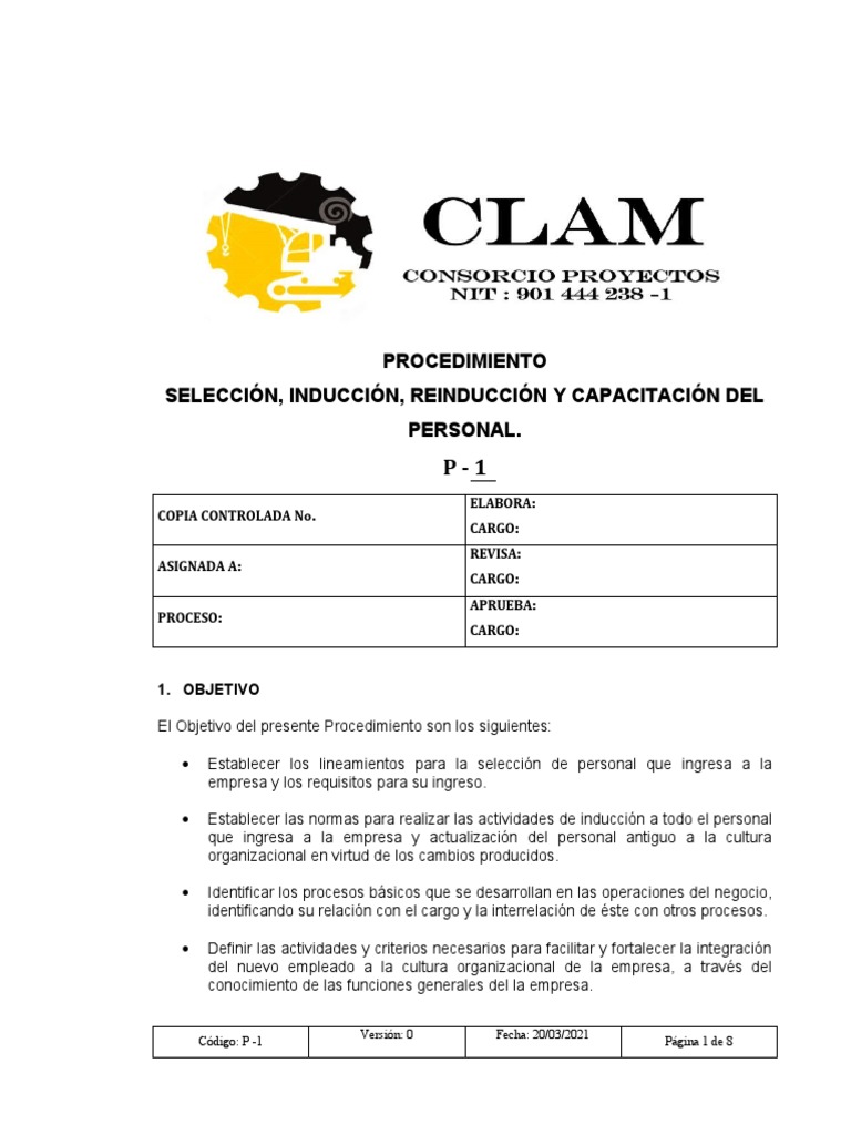 P-1 Procedimiento de Selección, Induccion, Reinduccion y Capacitacion de Personal | Descargar ...
