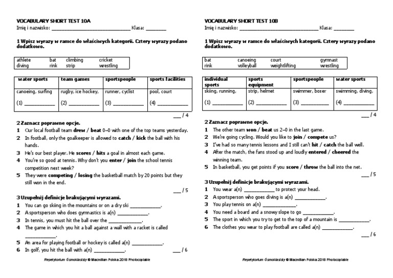 Vocab Short Test Unit 10A&10B | PDF | Entertainment | Sports Rules And ...