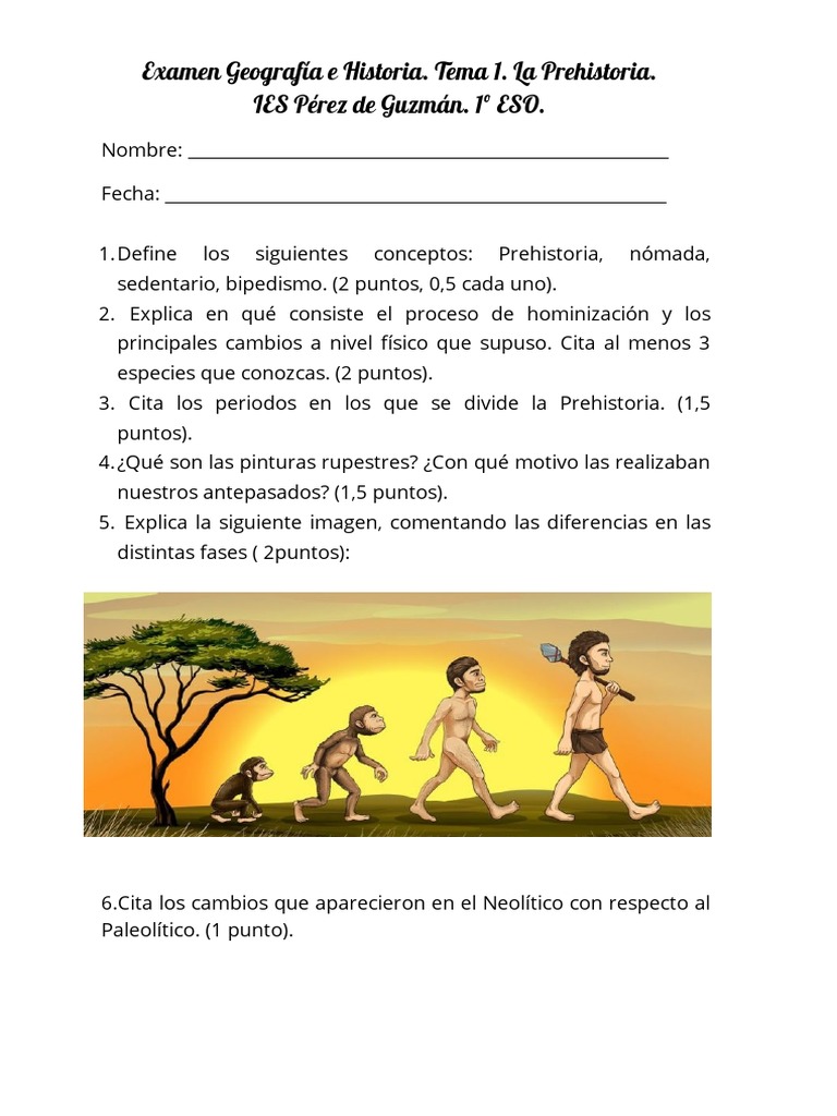 Examen Geografía e Historia. Tema 1. La Prehistoria | PDF