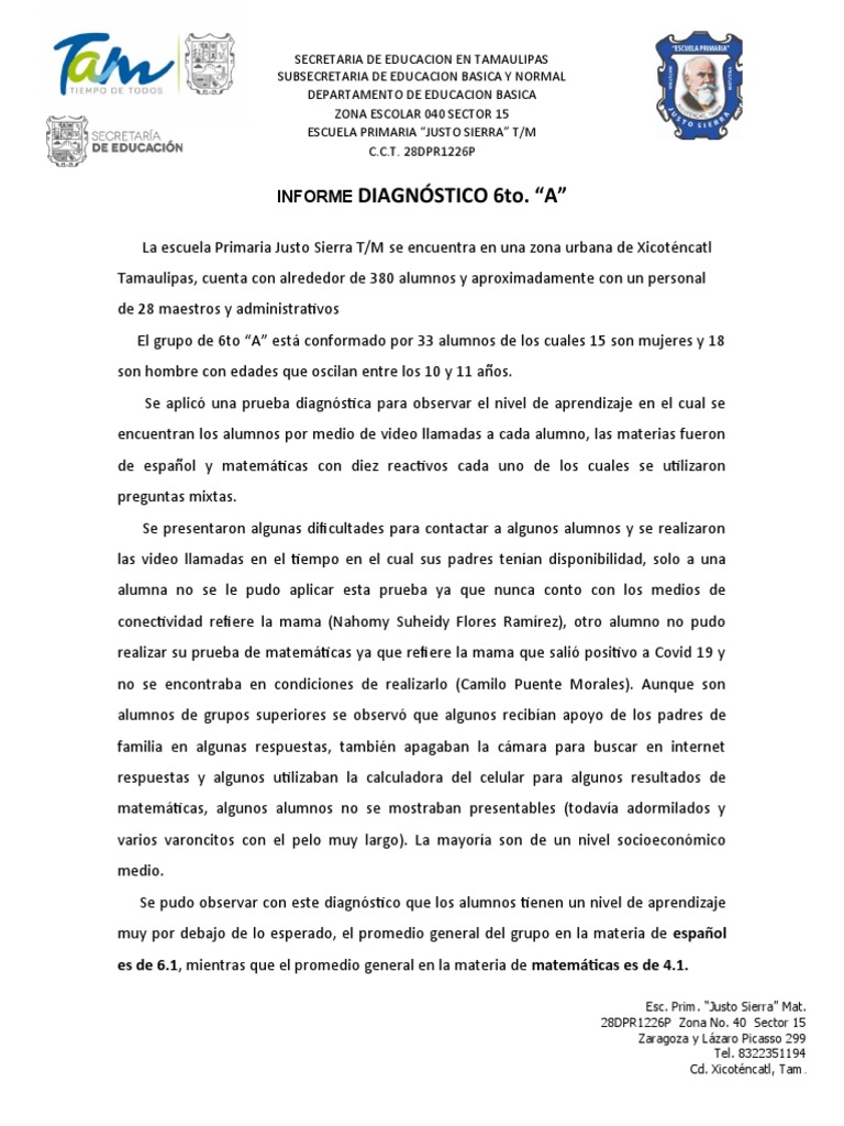 Informe Diagnóstico 6to. A | PDF | Educación primaria | Matemáticas