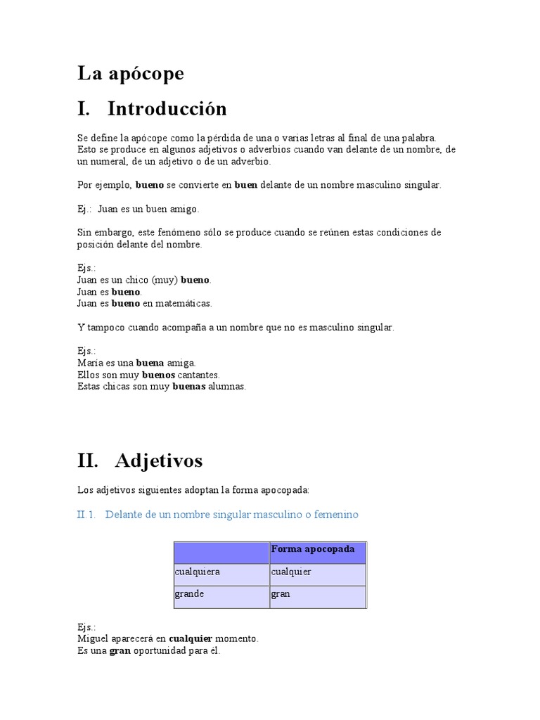 Ejemplos de Apócope en Español | PDF | Adjetivo | Adverbio