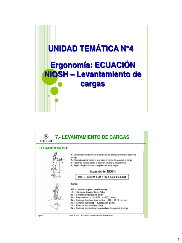 Ergonomía NIOSH Levantamiento Cargas | PDF | Factores humanos y ergonomía | Ecuaciones