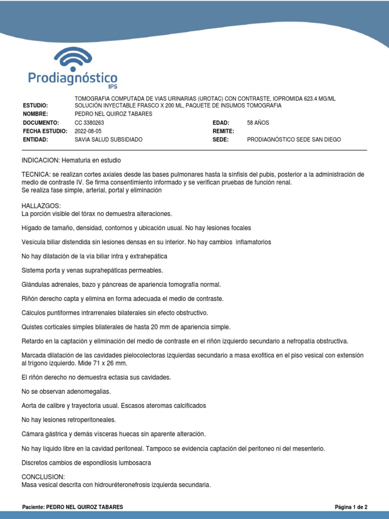 Tomografia Computada de Vias Urinarias (Urotac) Con Contraste | PDF ...