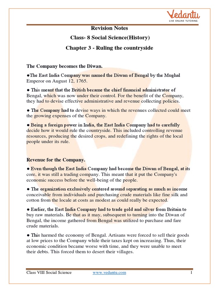 CBSE Class 8 History Chapter 3 Notes - Ruling The Countryside | PDF ...