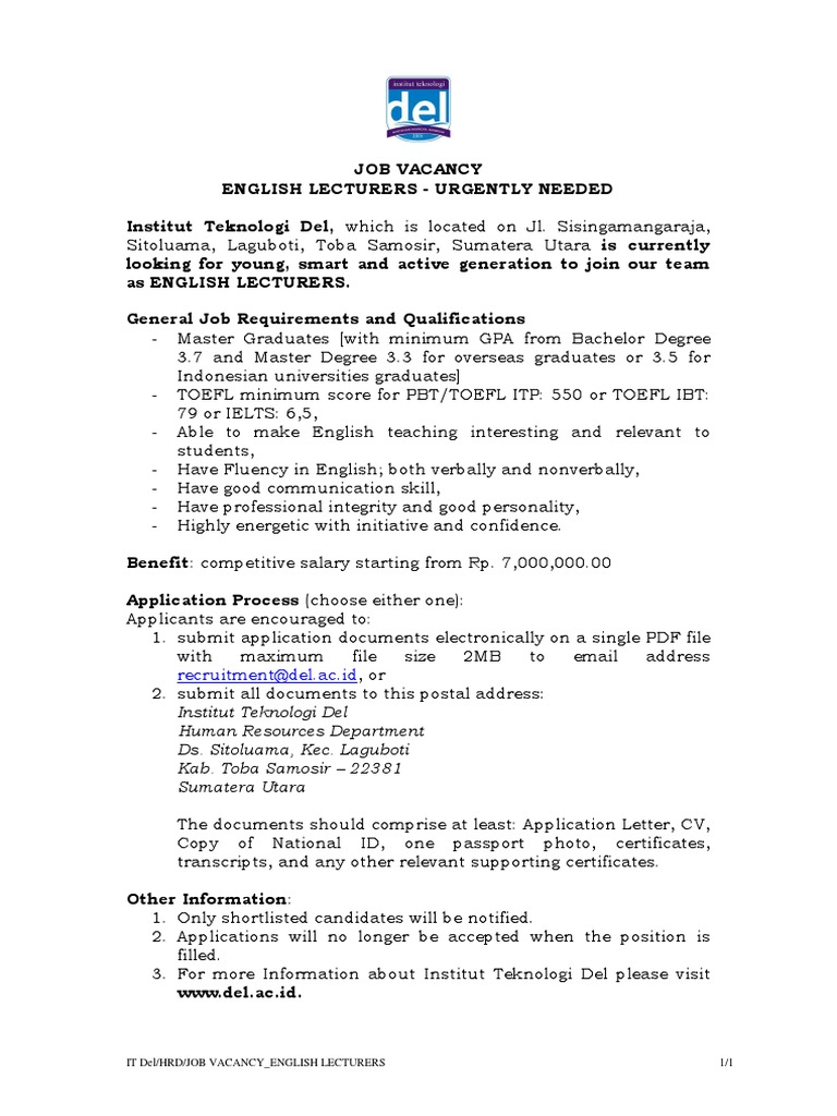 Job Vacancy English Lecturers 1 | PDF | Career & Growth