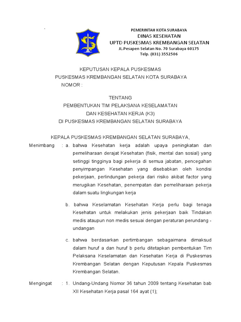 Pembentukan Tim K3 Puskesmas Krembangan | PDF