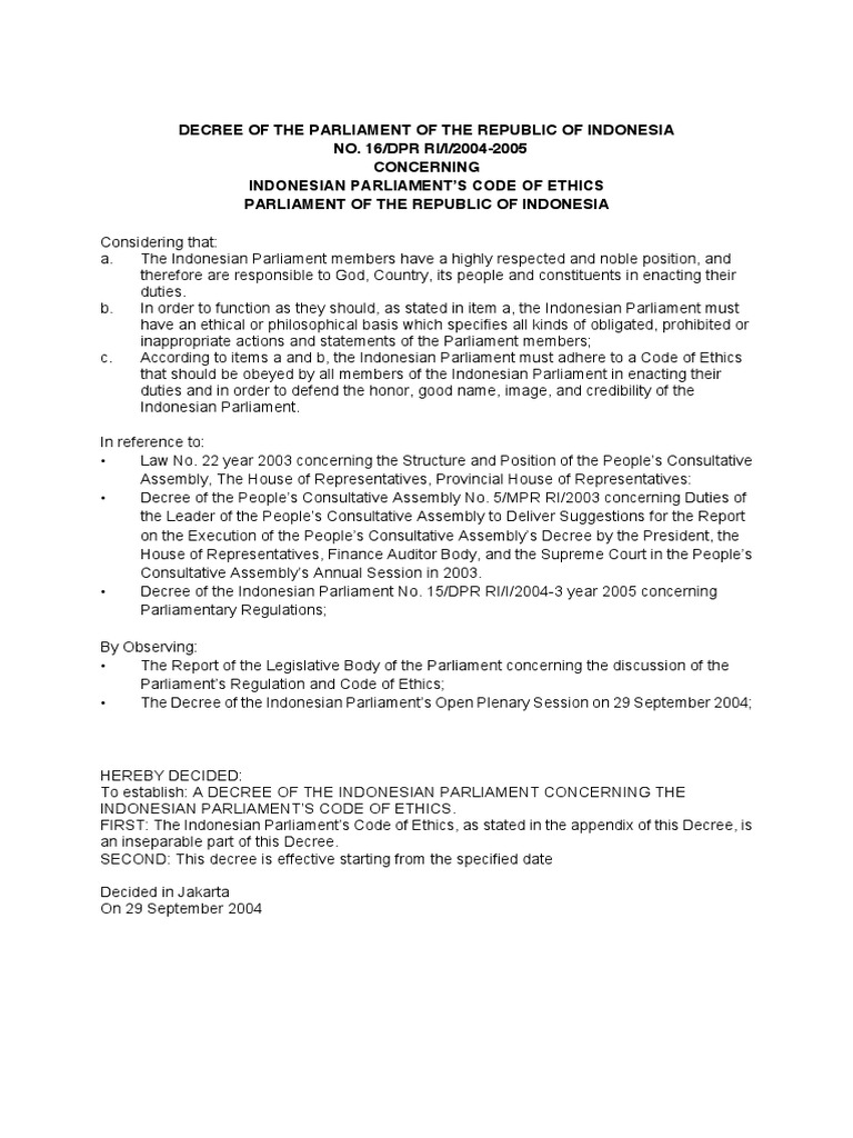 Indonesia - MPs Code of Ethics - 2004 - EN | PDF | Public Law | Social Institutions