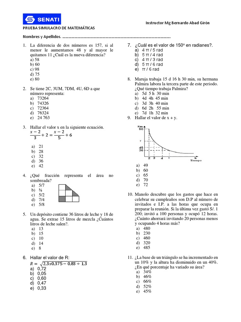 Prueba Simulacro de Matemáticas | Descargar gratis PDF | Matemática Elemental | Formas geométricas