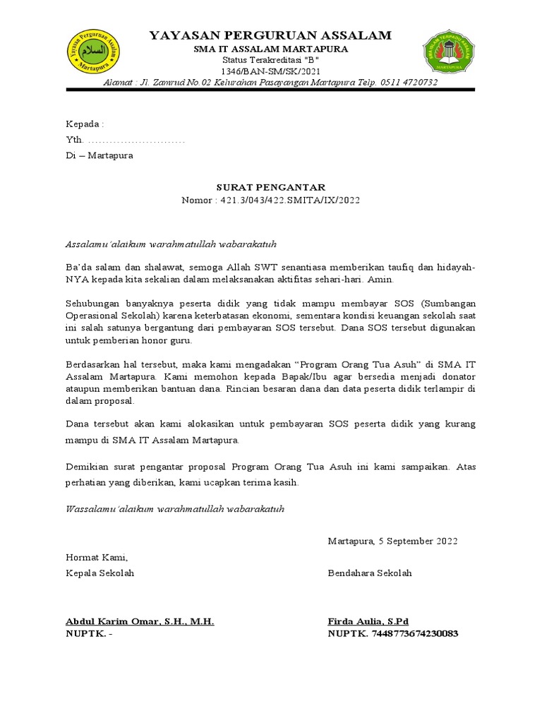 Surat Pengantar Program Orang Tua Asuh | PDF