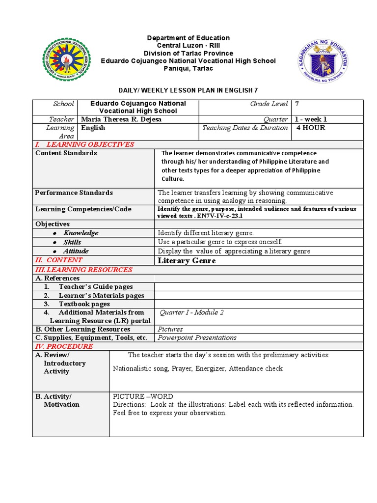 DLP-COT Q1 Eng7 Module 2 2022-2023 | PDF | Genre | Learning