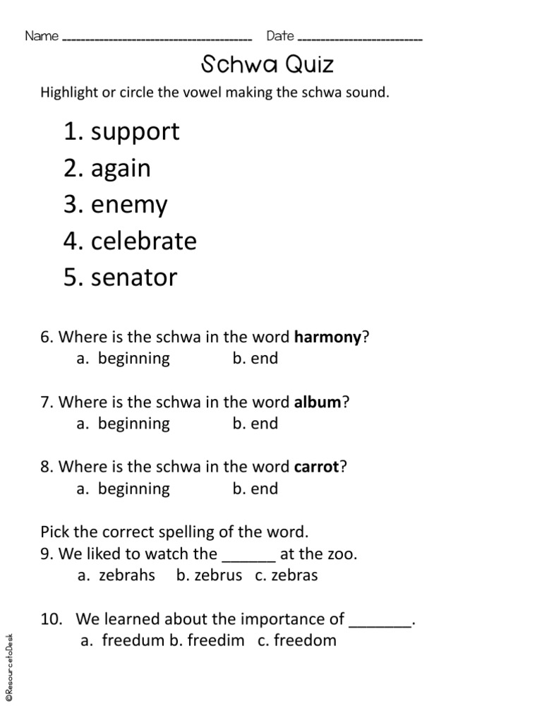 5 Schwa Quiz | PDF