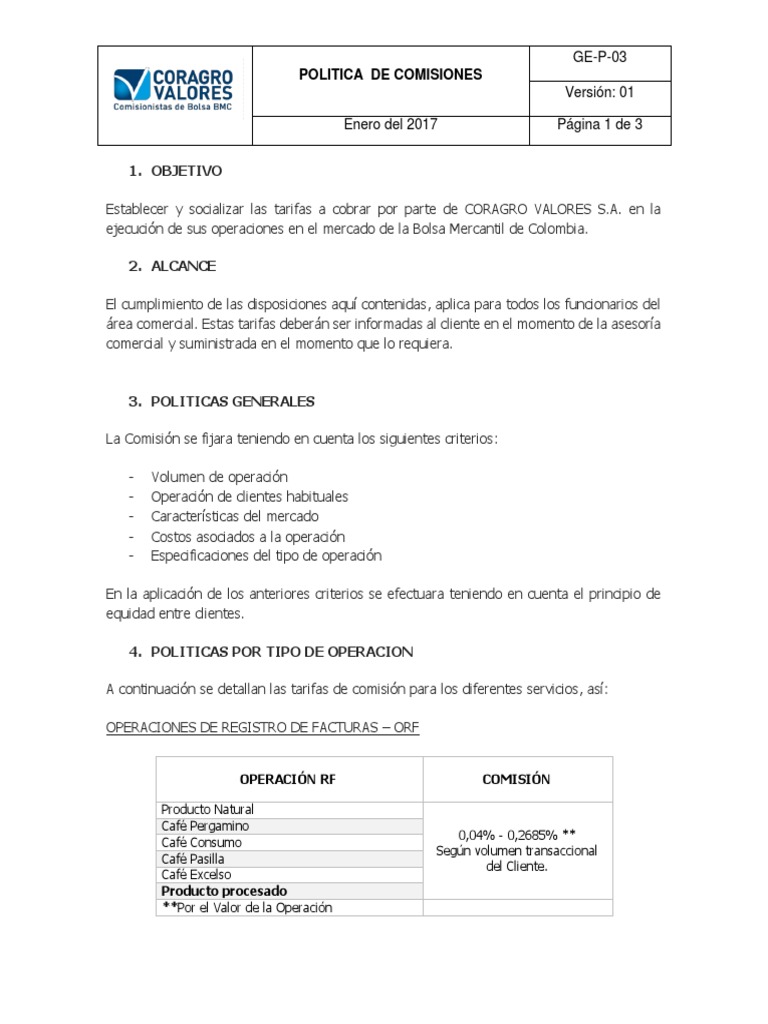 Politica de Comisiones | PDF | Factura | Bolsa