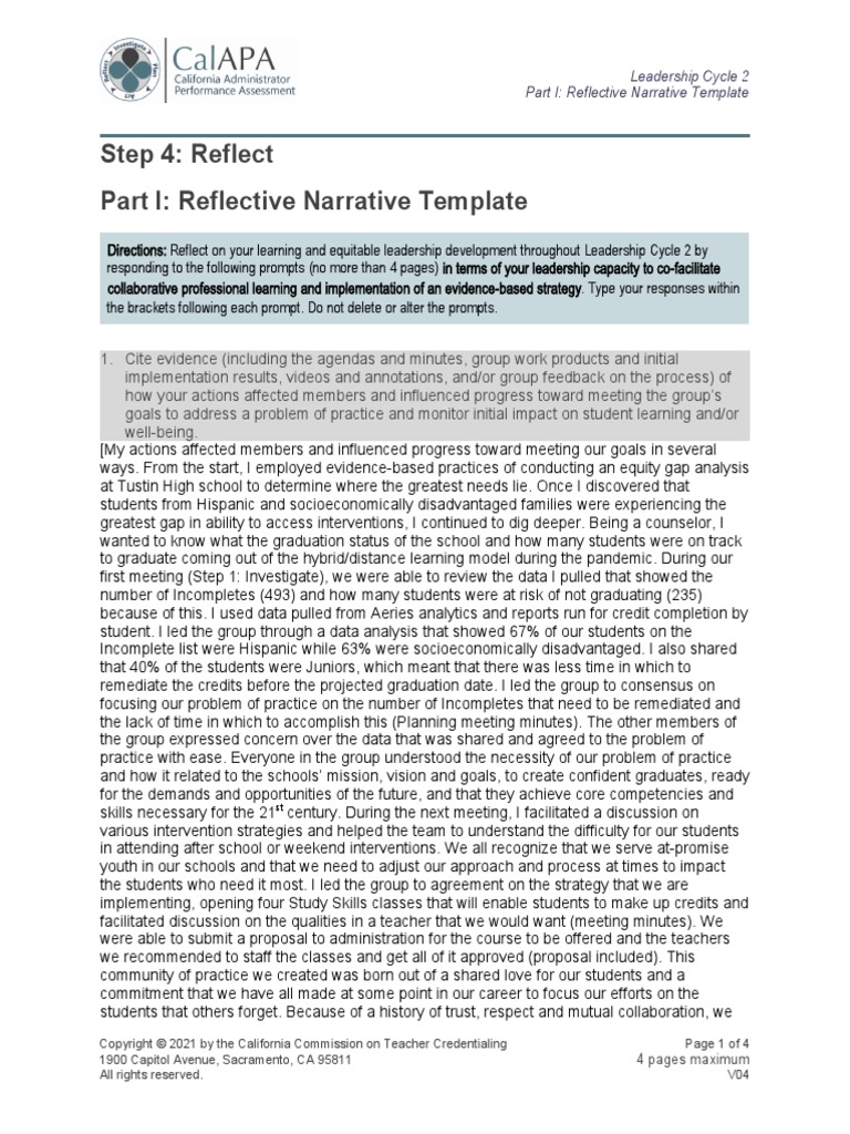 CalAPA C2 S4 I ReflectiveNarrative | PDF | Teachers | Leadership