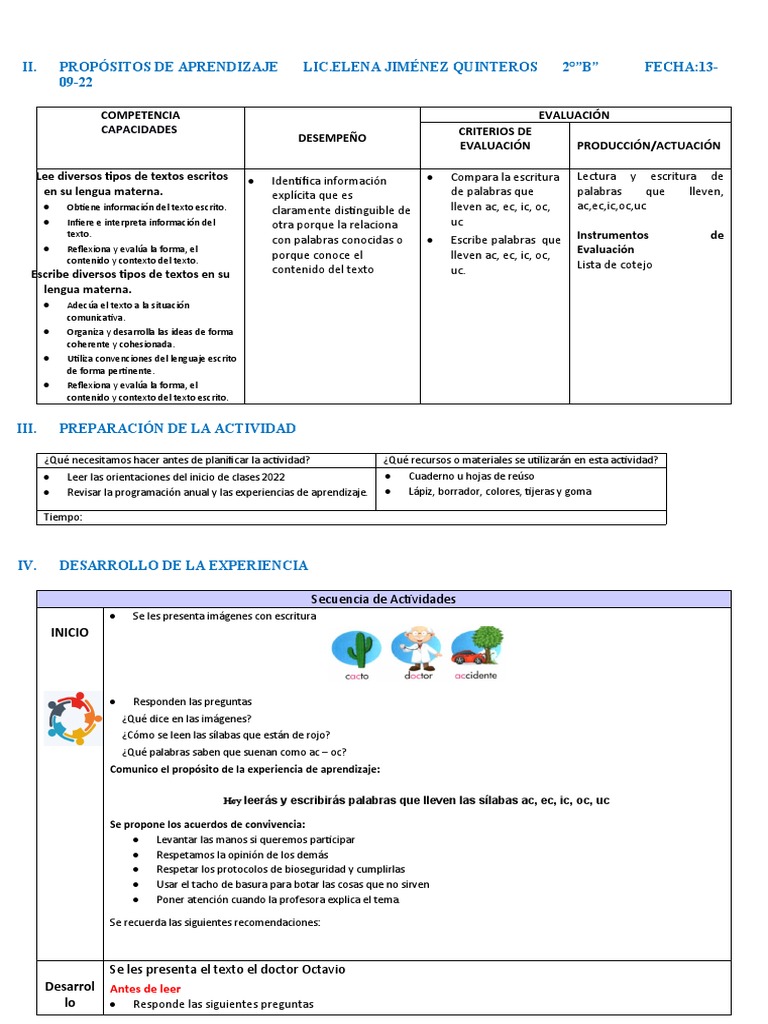 SESION COMUNIC-2°B - 13-09-22palabras Que Llevan Ac, Ec, Ic, Oc, Uc ...