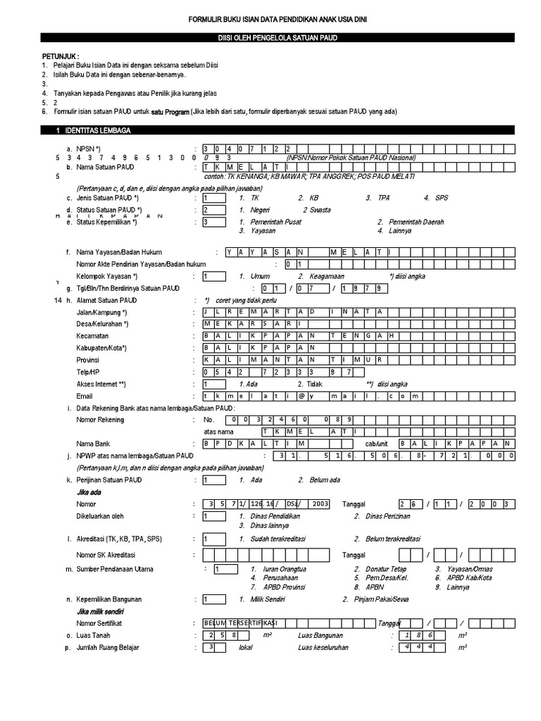 Instrumen Pendataan Paud Dan TK Melati Balteng | PDF