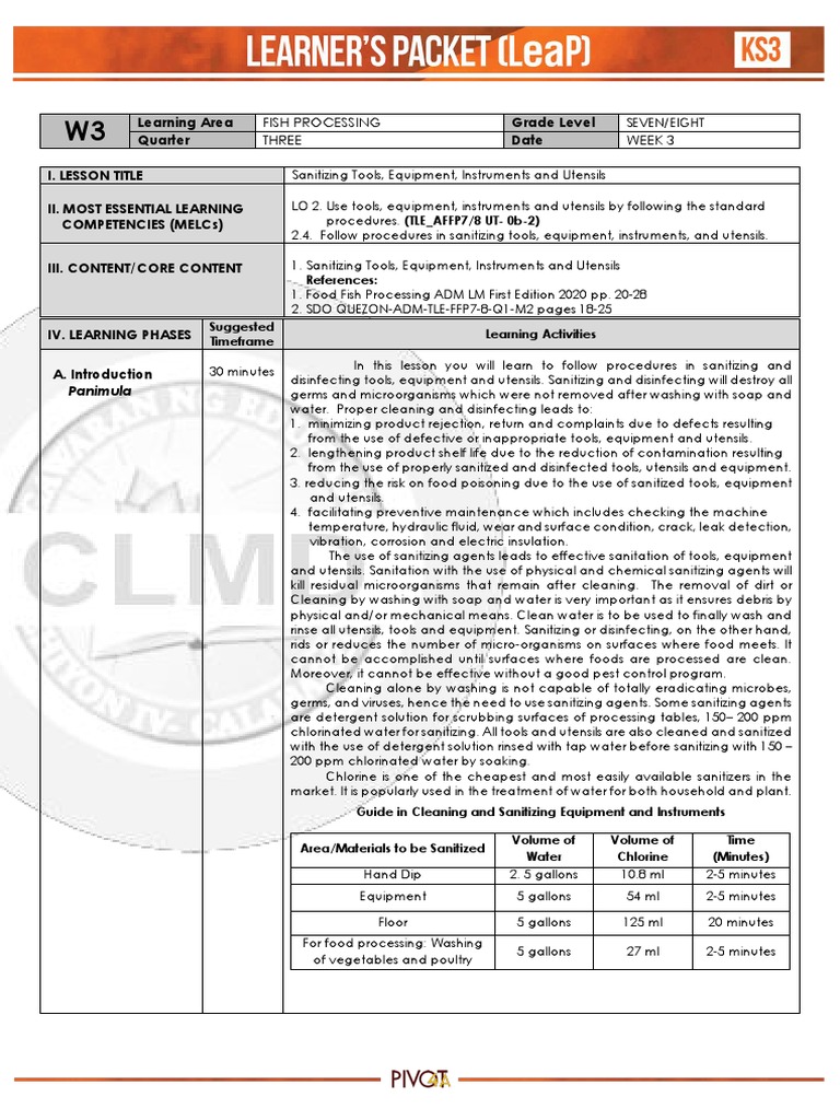 TLE - AFA - FISH - PROCESSING 7 - 8 - w3 | PDF | Disinfectant | Water