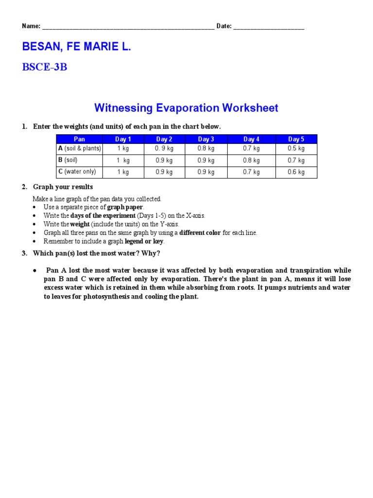 Evaporation Experiment Worksheet | PDF
