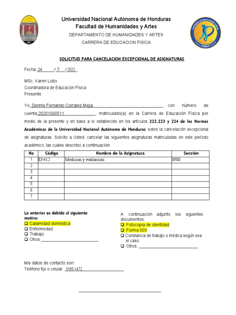 Formato Cancelacion de Asignaturas Carrera de Educacion Fisica Unah | PDF