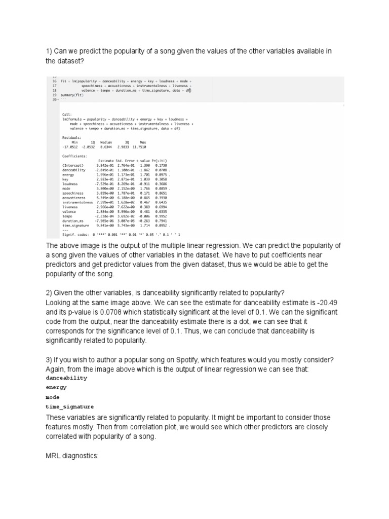 Predict Song Popularity with MLR Model | PDF