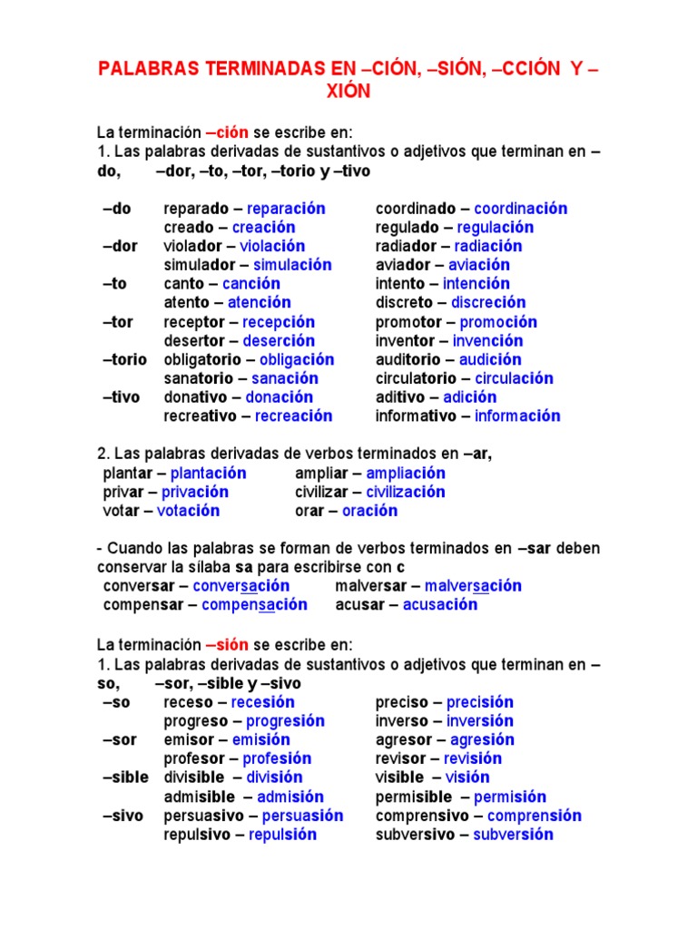 Palabras Terminadas en Ción, Sión, Xión y Cción | PDF | Artes del ...